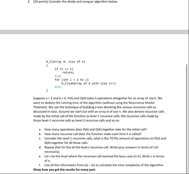 (24 ﻿points) ﻿Consider the divide and conquer | Chegg.com