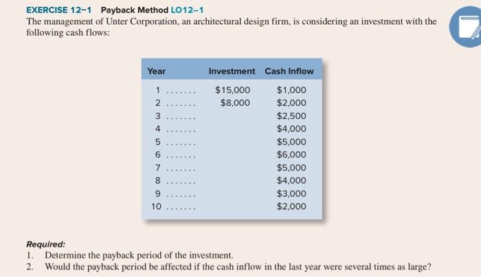 Solved EXERCISE 12-1 Payback Method LO12-1 The management of | Chegg.com