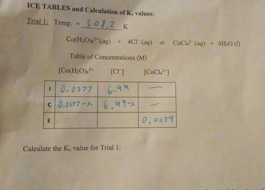 Solved ICE TABLES and Calculation of K. values: Trial 1: | Chegg.com