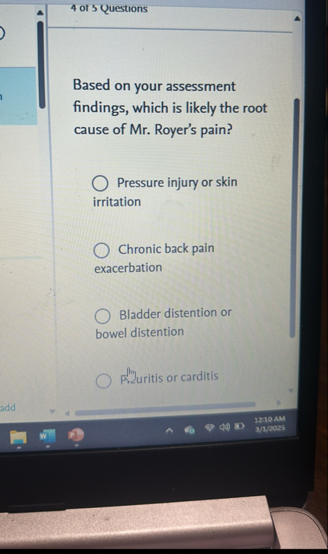 Solved 4 ﻿of 3 ﻿QuestionsBased on your assessment findings, | Chegg.com