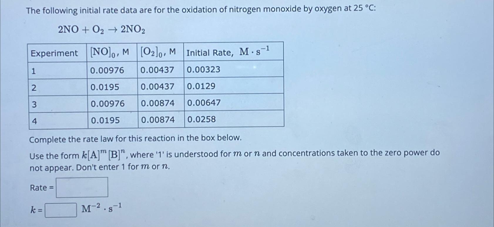 Solved The following initial rate data are for the oxidation | Chegg.com