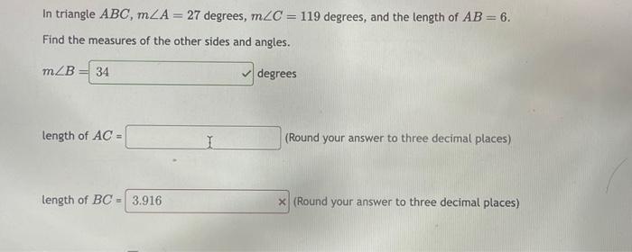 Solved In triangle ABC, mA = 27 degrees, mZC = 119 degrees, | Chegg.com