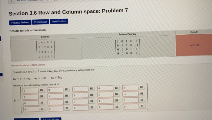 Solved Section 3.6 Row and Column space: Problem 7 Previous | Chegg.com
