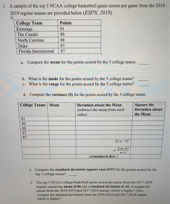 Solved 1. A sample of the top 5 NCAA college basketball game | Chegg.com