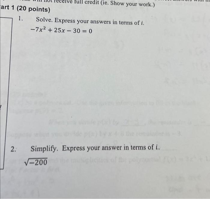 Solved 1 (20 points) 1. Solve. Express your answers in terms | Chegg.com Solved 1 (20 points) 1. Solve. Express your answers in terms | Chegg.com