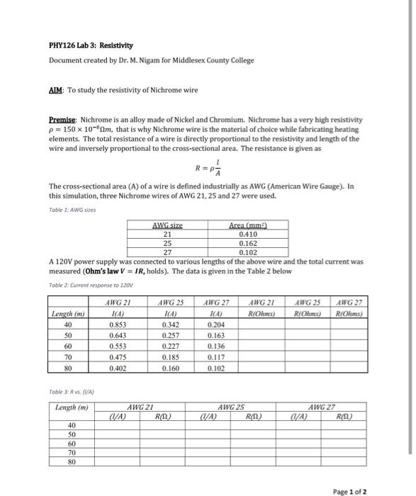 Solved PHY126 Lab 3: Resistivity Document created by Dr. M. | Chegg.com