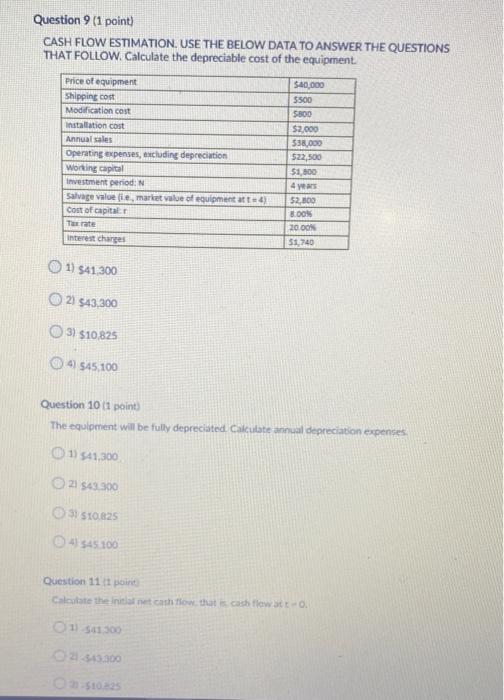 Solved Question 9 (1 point) CASH FLOW ESTIMATION. USE THE | Chegg.com