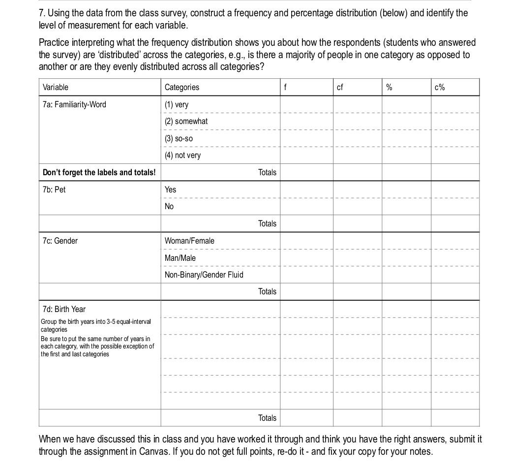 7. Using the data from the class survey, construct a | Chegg.com