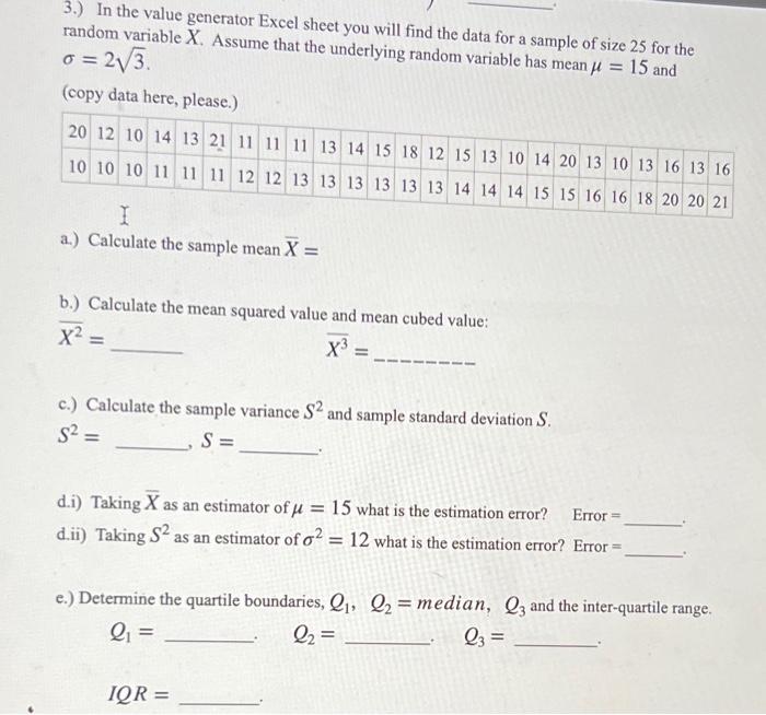 Solved 3.) In the value generator Excel sheet you will find | Chegg.com