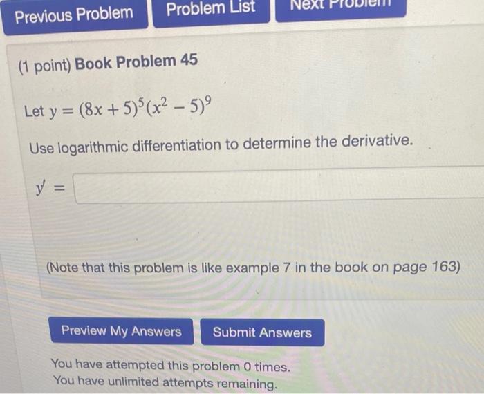 Solved (1 point) Book Problem 45 Let y=(8x+5)5(x2−5)9 Use | Chegg.com