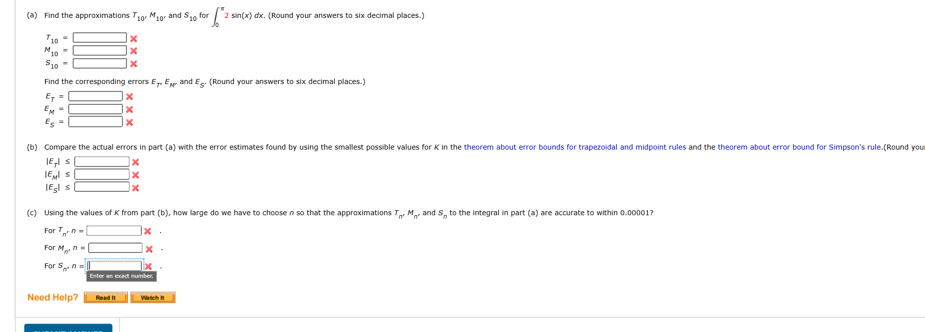 Solved (a) ﻿Find the approximations T10,M10, ﻿and S10 ﻿for | Chegg.com