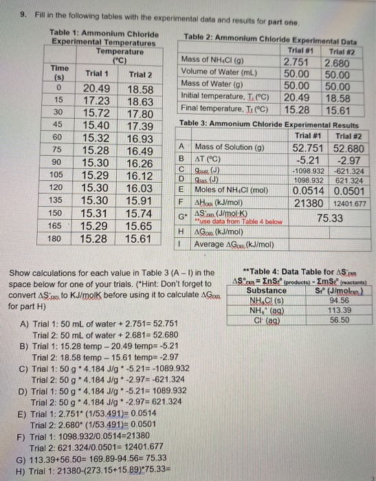 Solved 9. Fill in the following tables with the experimental | Chegg.com