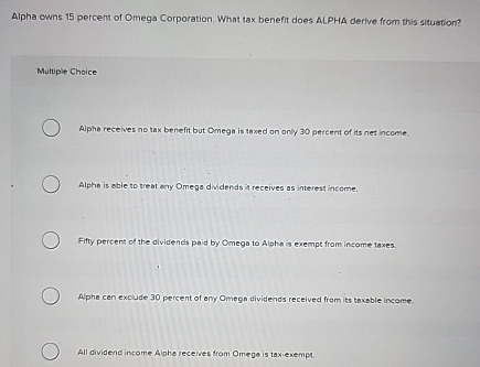 Solved Alpha owns 15 ﻿percent of Omega Corporation. What tax | Chegg.com