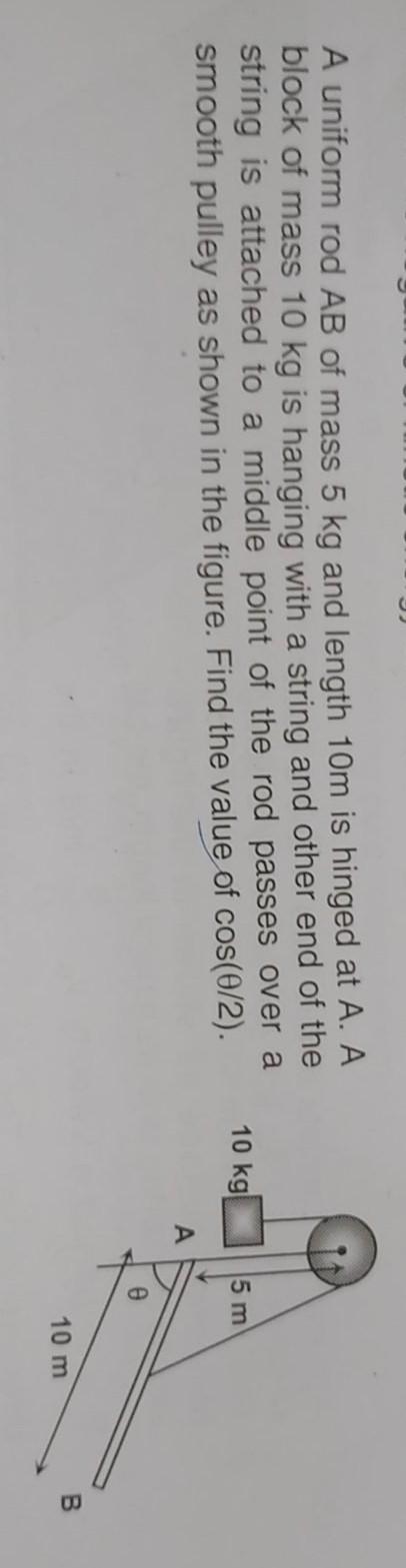 Solved A uniform rod AB of mass 5 kg and length 10m is | Chegg.com