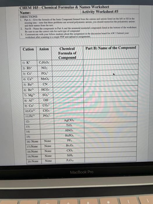 Solved CHEM 103 - Chemical Formulas & Names Worksheet Name: | Chegg.com