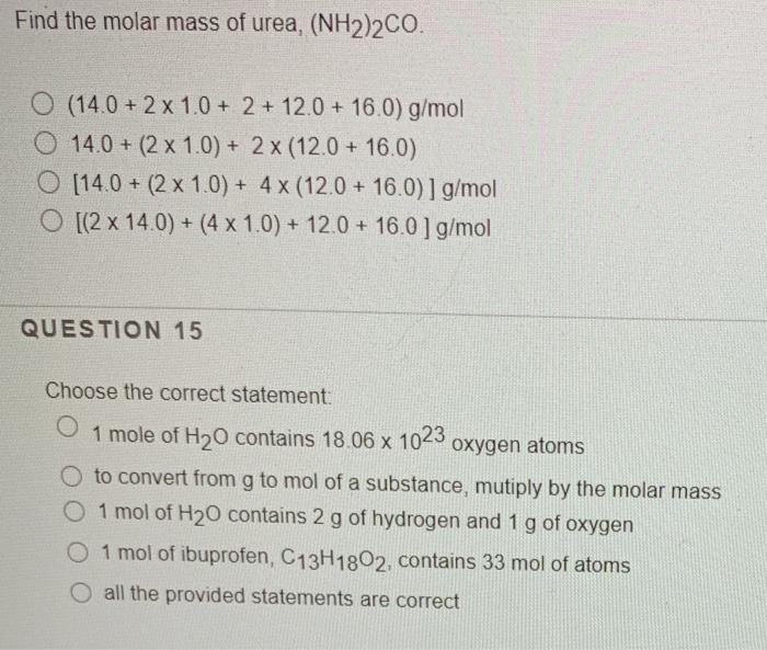 Solved Find the molar mass of urea, (NH2)2CO. O (140 + 2 x | Chegg.com