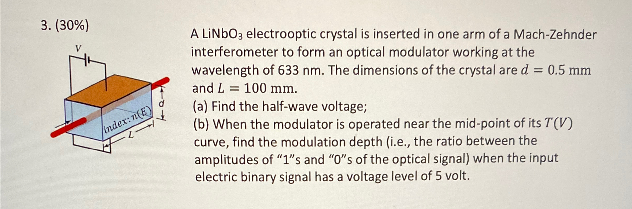 Solved (30%)ALiNbO3 ﻿electrooptic crystal is inserted in one | Chegg.com