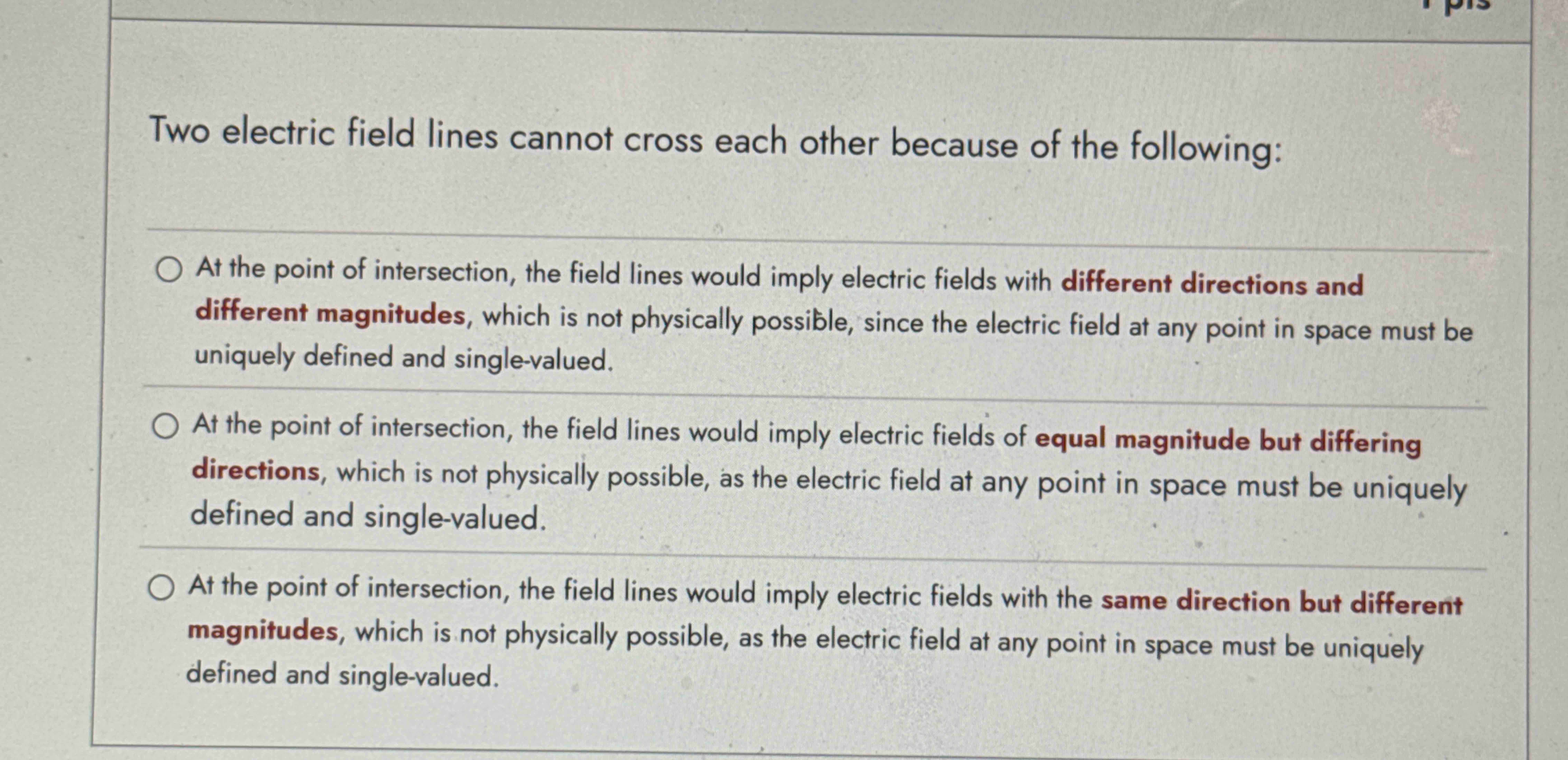 Solved Two electric field lines cannot cross each other | Chegg.com