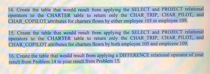 Solved Database name: Ch03_AviaCo Table name: CHARTER | Chegg.com