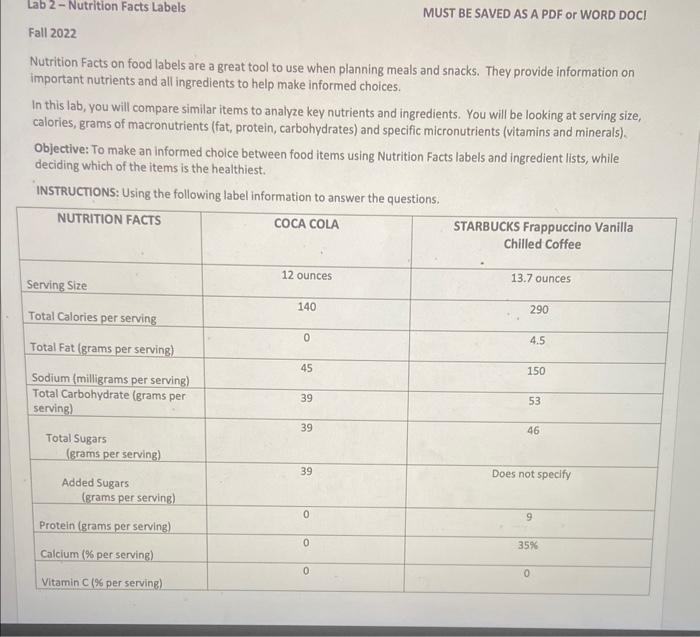 Solved Lab 2 - Nutrition Facts Labels MUST BE SAVED AS A PDF | Chegg.com