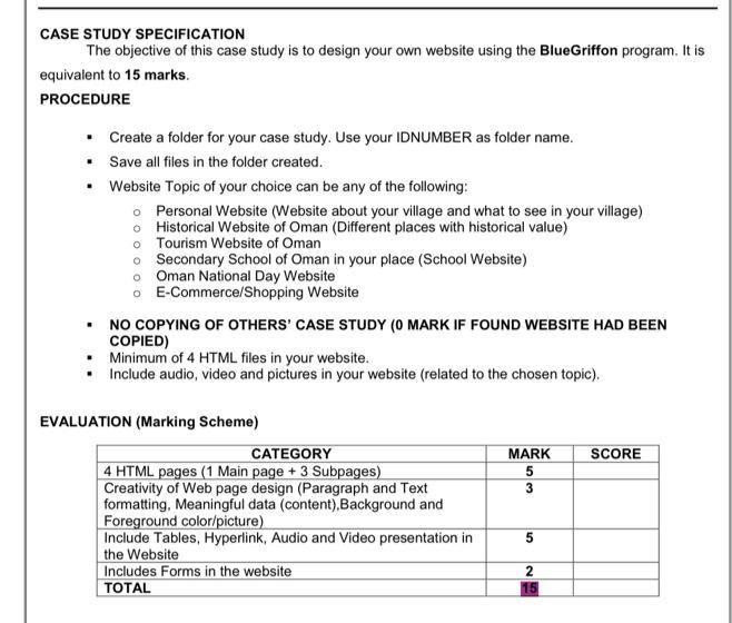 Solved CASE STUDY SPECIFICATION The objective of this case | Chegg.com