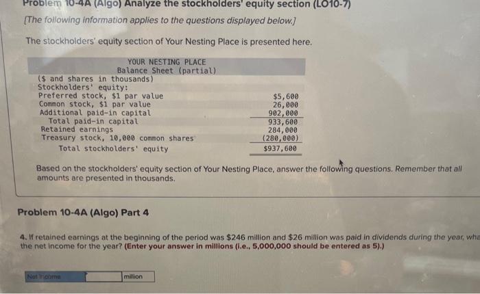 Solved Problem 10-4A (Algo) Analyze the stockholders' equity | Chegg.com