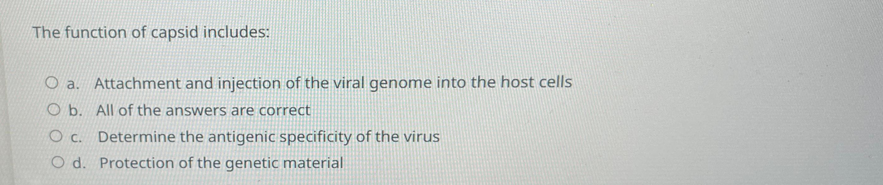 Solved The function of capsid includes:a. ﻿Attachment and | Chegg.com
