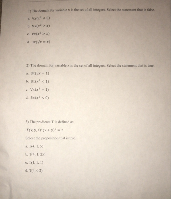Solved 1) The domain for variable x is the set of all | Chegg.com