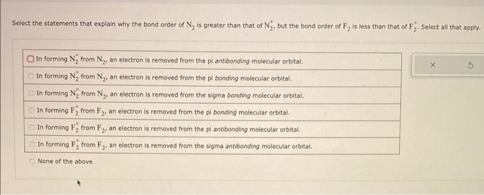 Solved Select the statements that explain why the bond order | Chegg.com