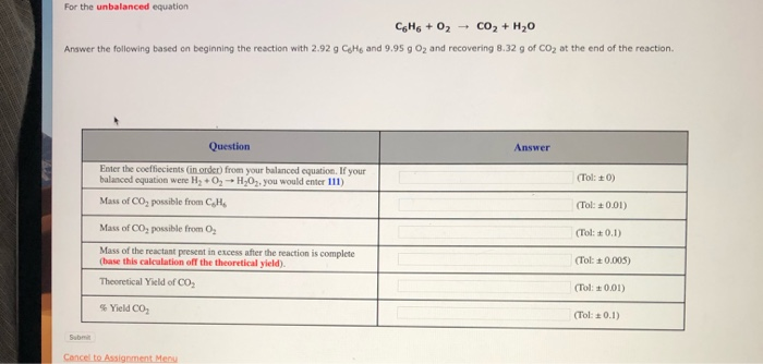 Solved For the unbalanced equation C6H6 + O2 + CO2 + H2O | Chegg.com