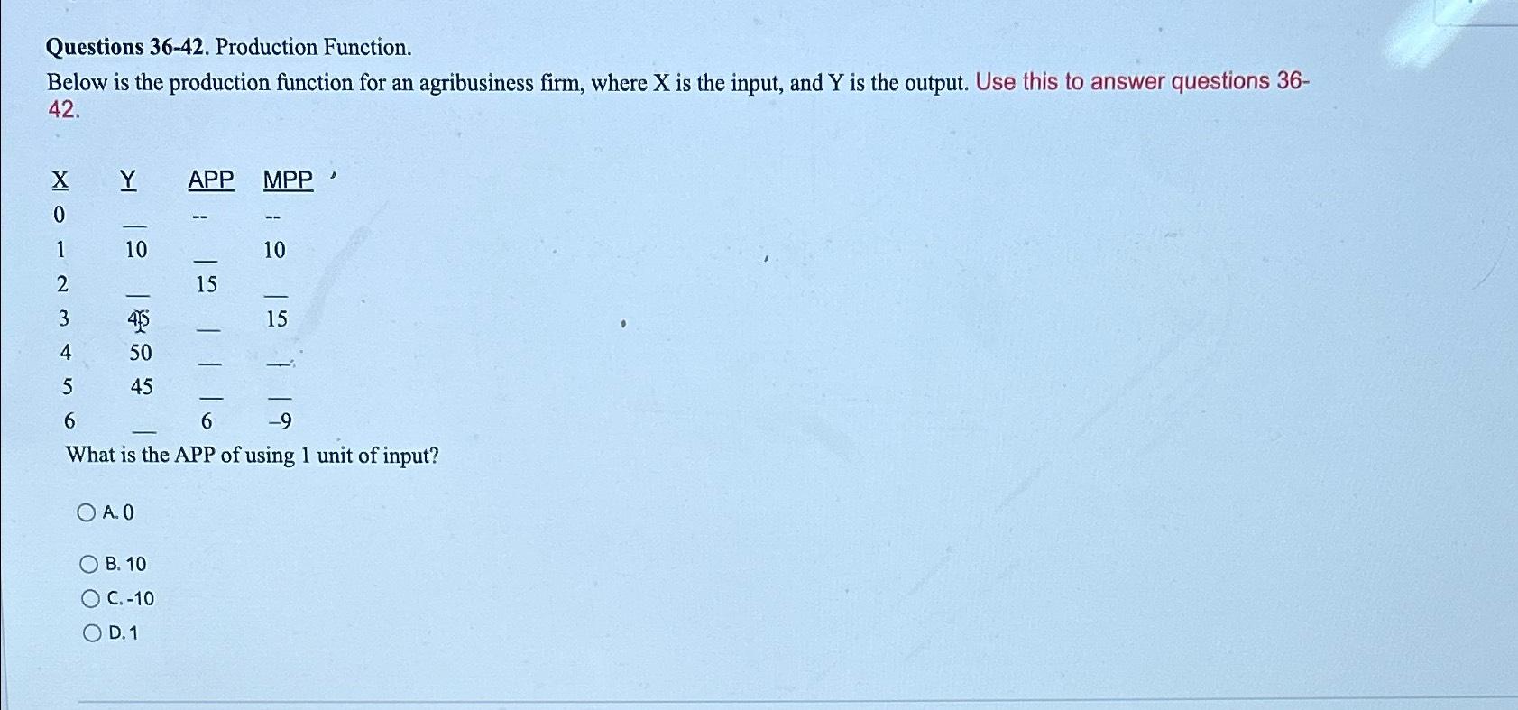 Solved Questions 36-42. ﻿Production Function.Below is the | Chegg.com