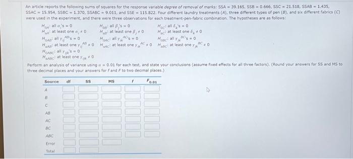 Solved An article reports the following sums of squares for | Chegg.com