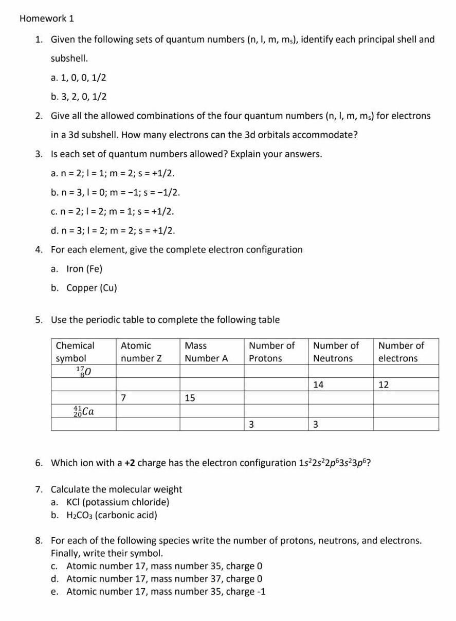 Solved 1. Given the following sets of quantum numbers | Chegg.com