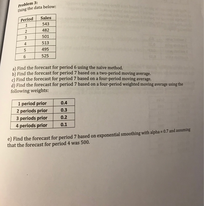 Solved Problem 3: Using the data below: Period Sales 543 482 | Chegg.com
