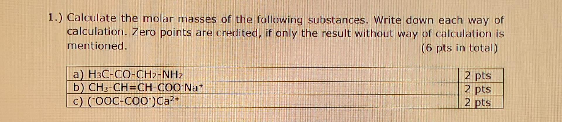 Solved 1.) Calculate the molar masses of the following | Chegg.com