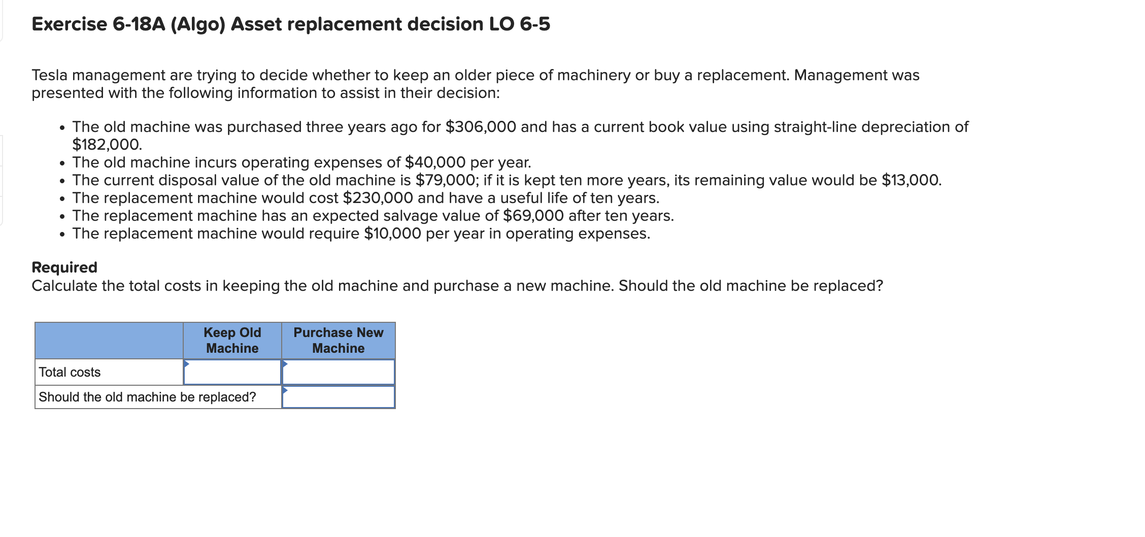 Exercise 6-18A (Algo) Asset replacement decision LO | Chegg.com Exercise 6-18A (Algo) Asset replacement decision LO | Chegg.com
