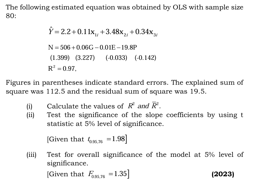 Solved The following estimated equation was obtained by OLS | Chegg.com