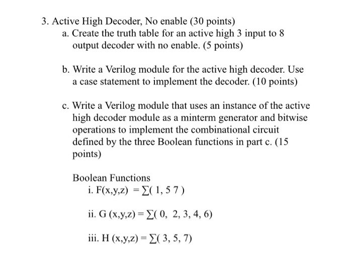 Solved 3. Active High Decoder, No enable (30 points) a. | Chegg.com