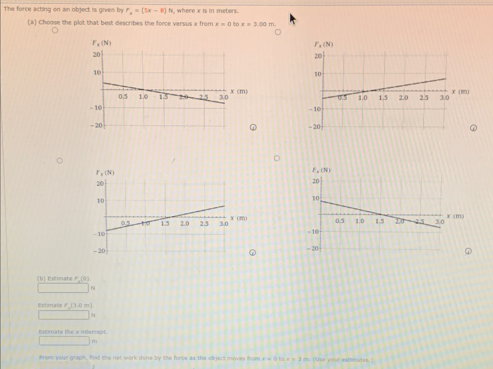 Solved The force acting on an object is given by Fx=(5x-8)N, | Chegg.com