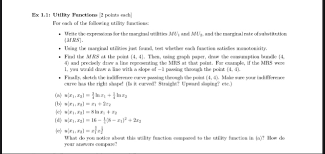 Solved Ex 1.1: Utility Functions [2 ﻿points each]For each of | Chegg.com