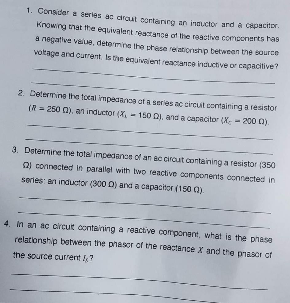 Solved 1. Consider a series ac circuit containing an | Chegg.com