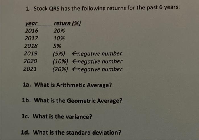 Solved 1. Stock QRS has the following returns for the past 6 | Chegg.com