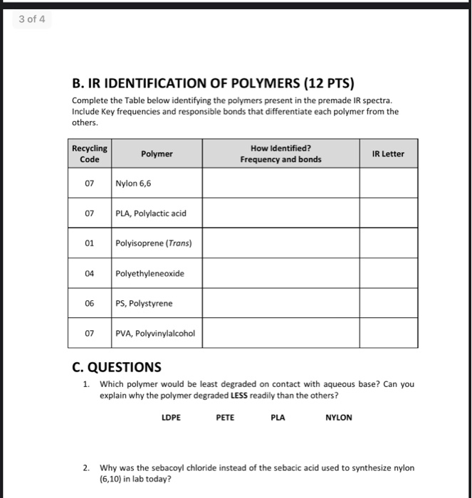 3 of 4 B. IR IDENTIFICATION OF POLYMERS (12 PTS) | Chegg.com