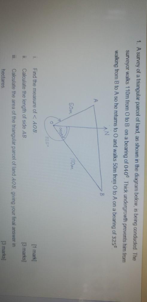 Solved 1. A survey of a triangular parcel of land, shown in | Chegg.com