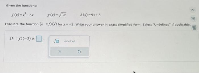 Solved Given the functions: f(x)=x3−6xg(x)=3xh(x)=9x+8 | Chegg.com
