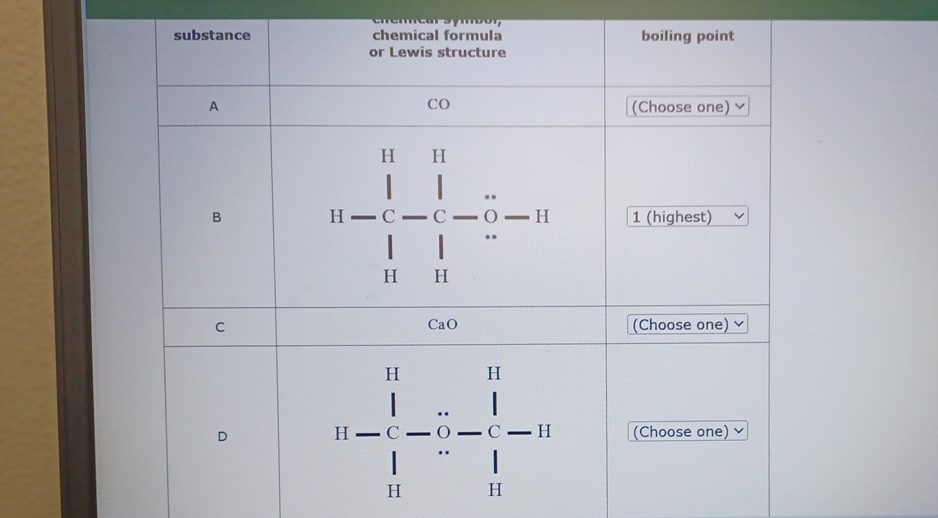 Solved \table[[substance,chemical formula or Lewis | Chegg.com