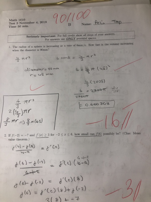 Solved Math 1610 Test 3 November 4, 2019 Time 50 min. | Chegg.com