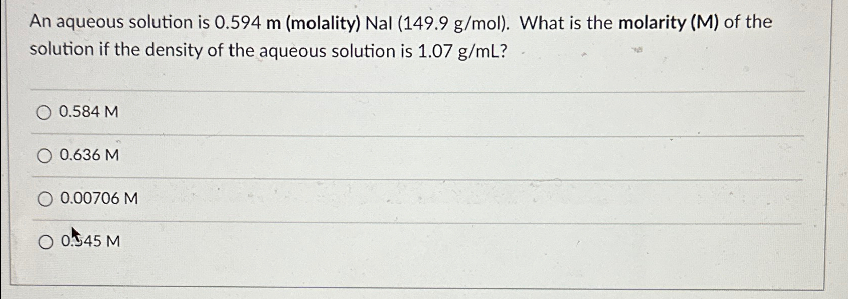 Solved An aqueous solution is 0.594m (molality) | Chegg.com