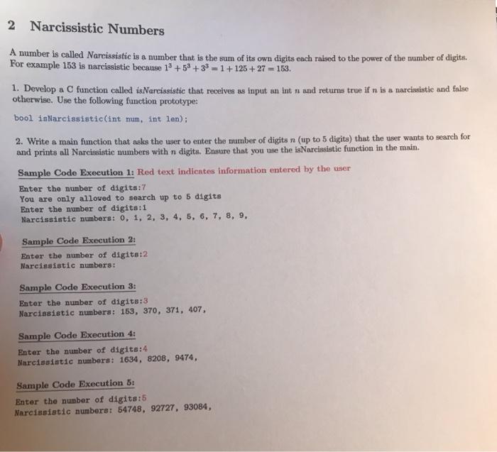 Solved 2 Narcissistic Numbers A number is called | Chegg.com