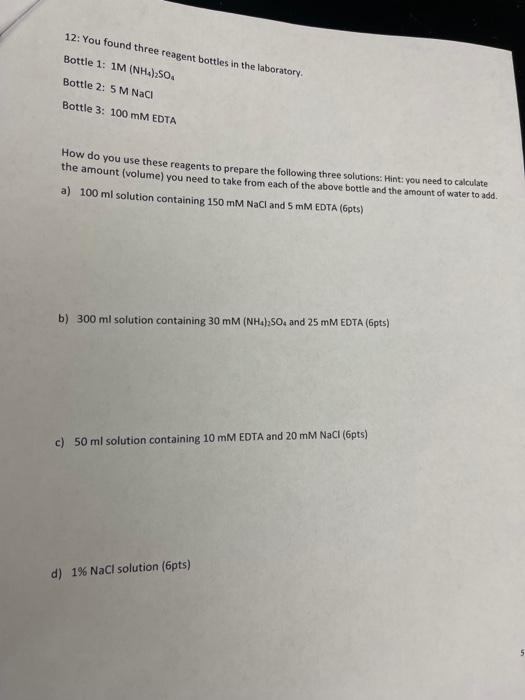 Solved 12: You found three reagent bottles in the laboratory | Chegg.com